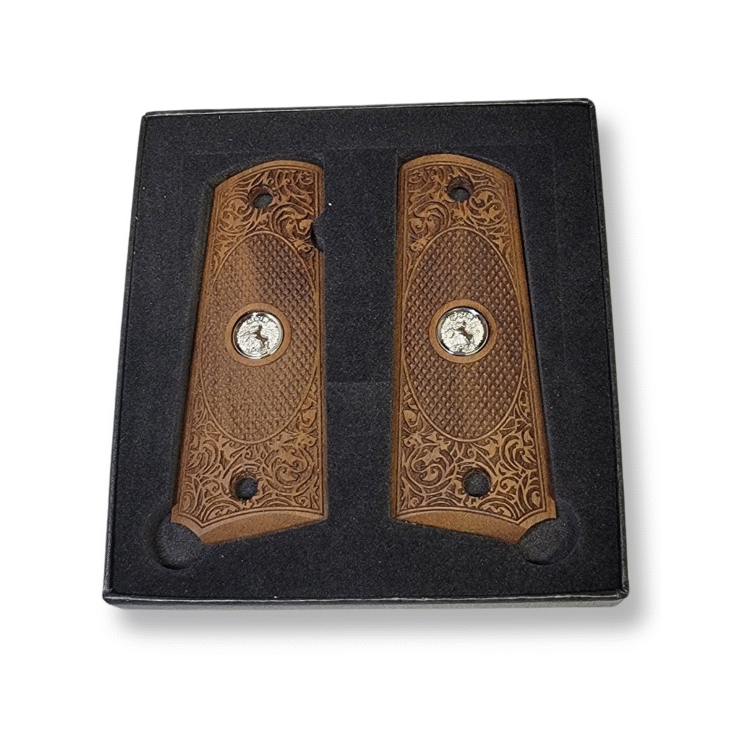 1911 Full-Size Walnut Grips Checkered Oval Scroll Silver Col